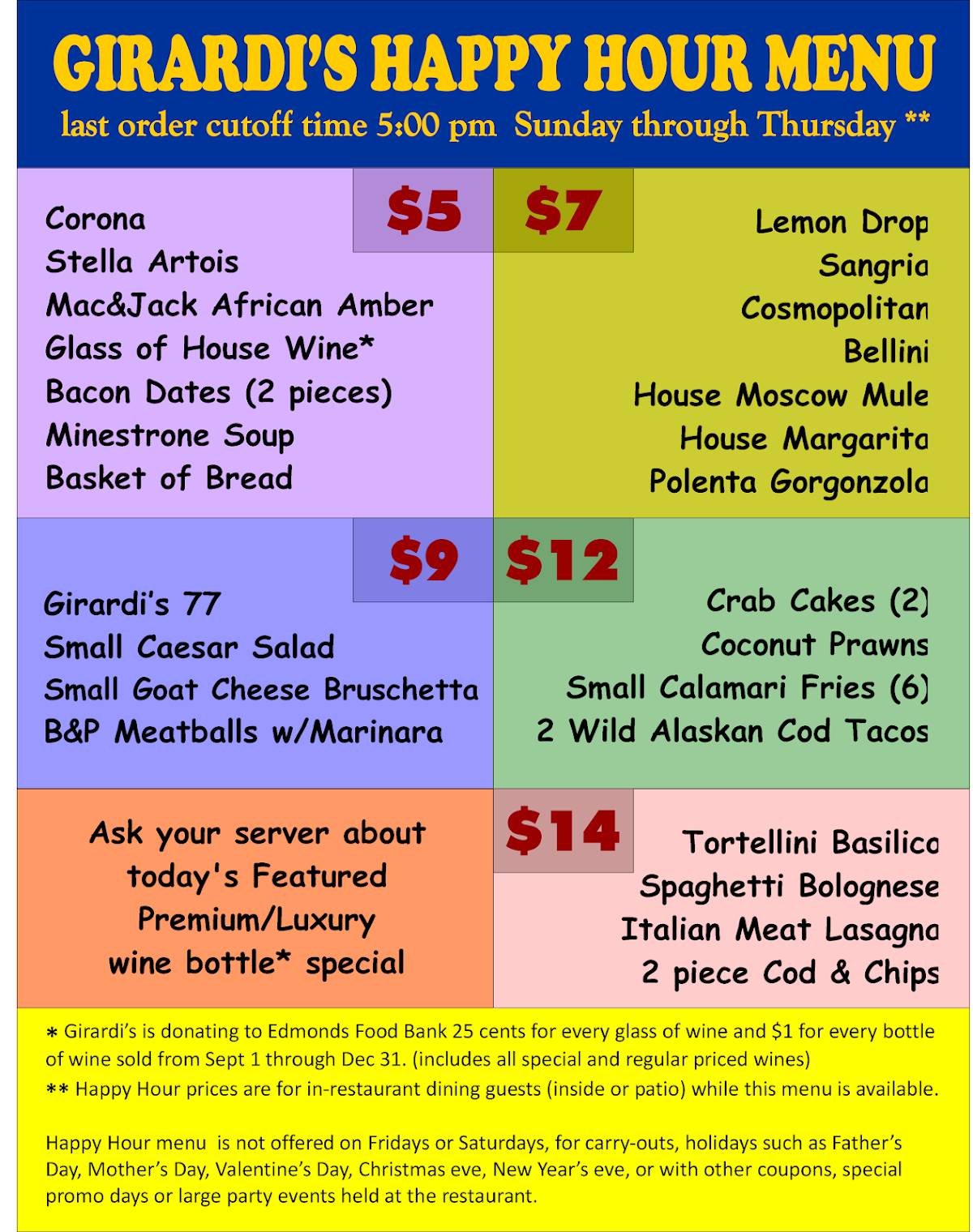 Menu at Girardi's Osteria restaurant, Edmonds