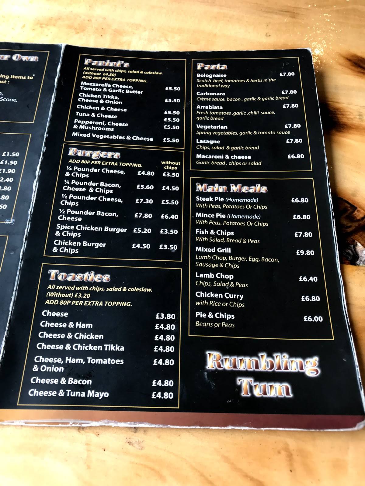 Menu at Rumbling Tum cafe, Glasgow