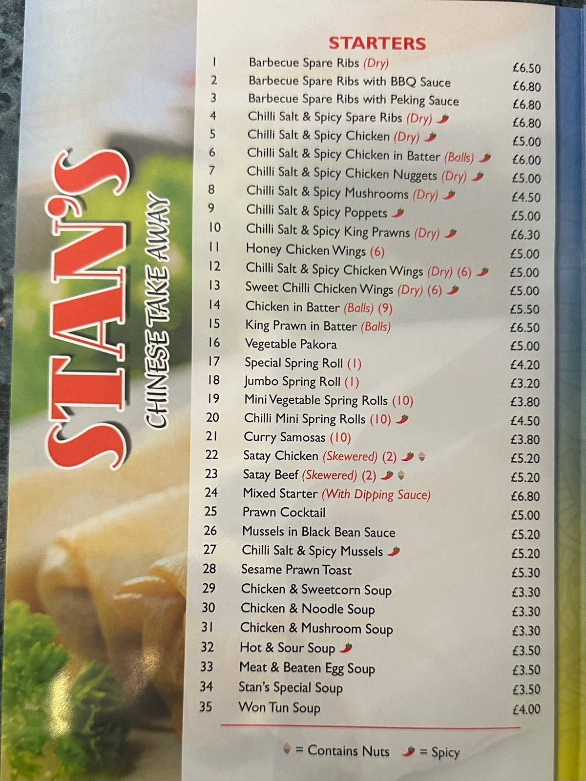Menu at Stan's Chinese Takeaway fast food, Glasgow, 1349 Springburn Rd