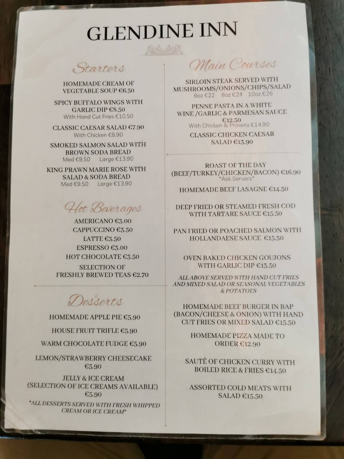Menu at Glendine Inn pub & bar, Kilkenny