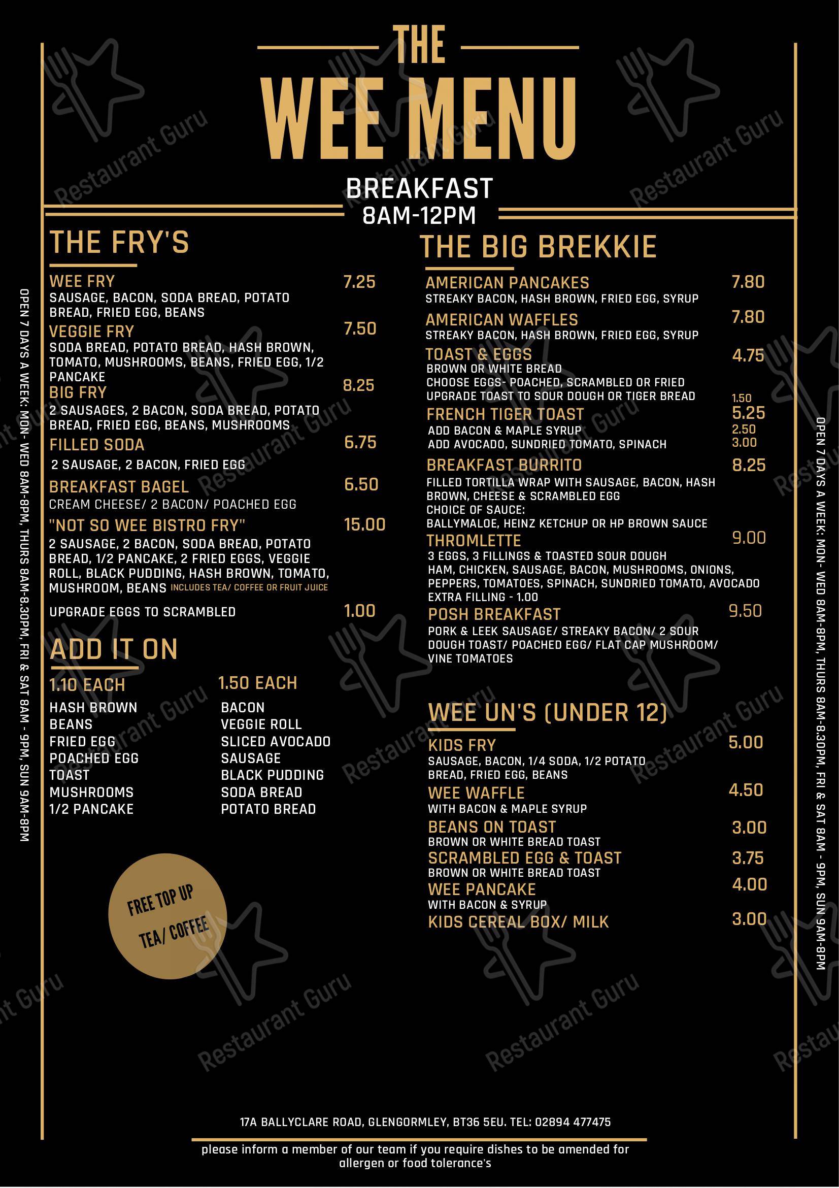Menu at The Wee Bistro restaurant, Glengormley