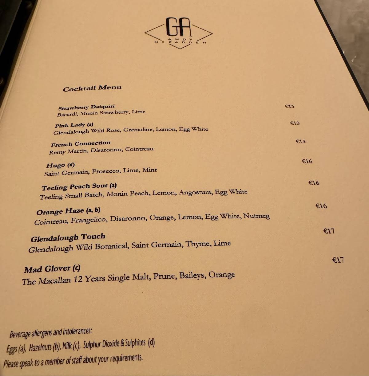 Menu at Glovers Alley by Andy McFadden restaurant, Dublin