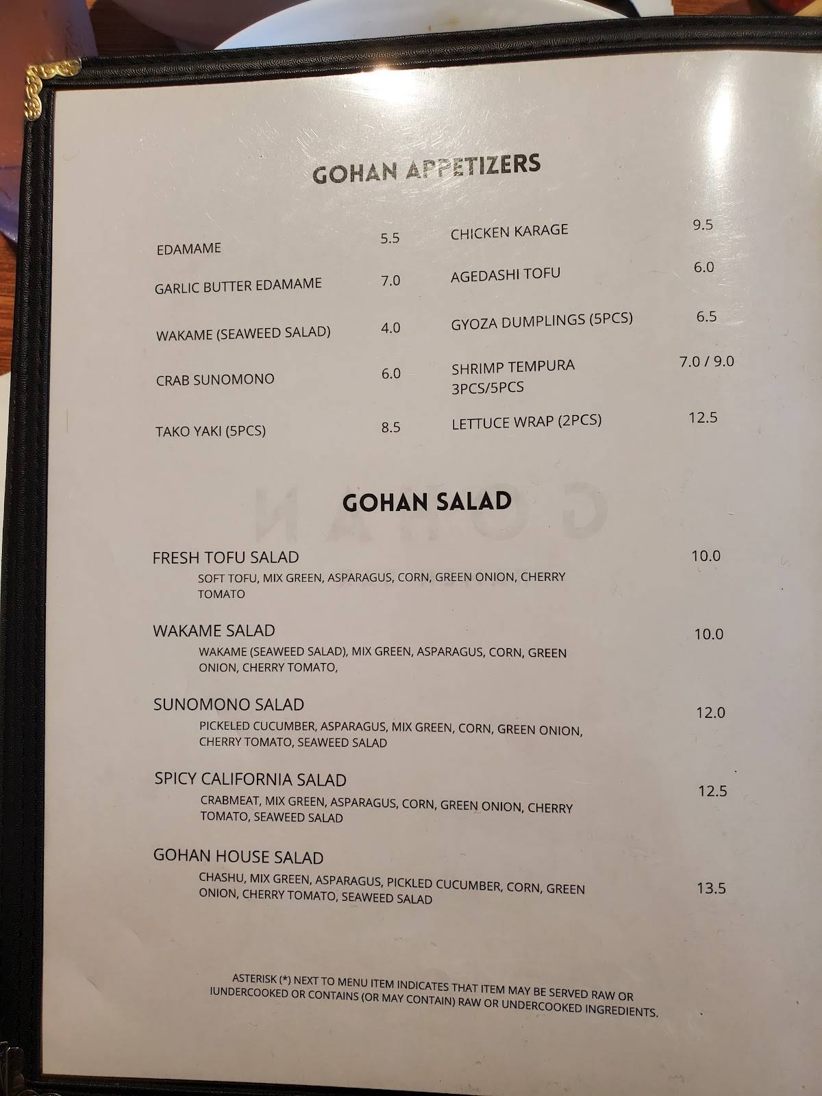 Menu at Gohan Ramen Bar, Fayetteville