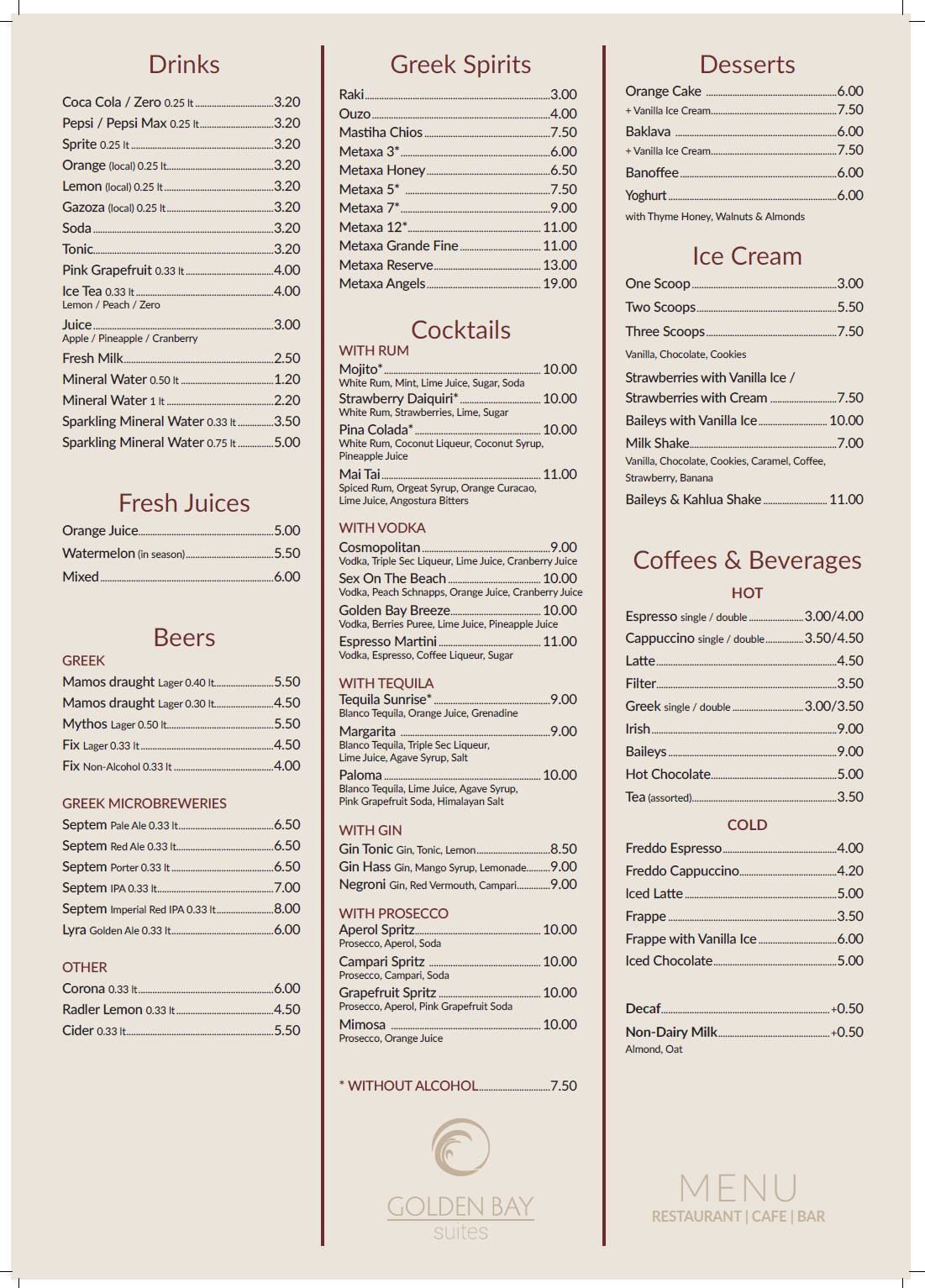 Menu at Golden Bay, Daratsos