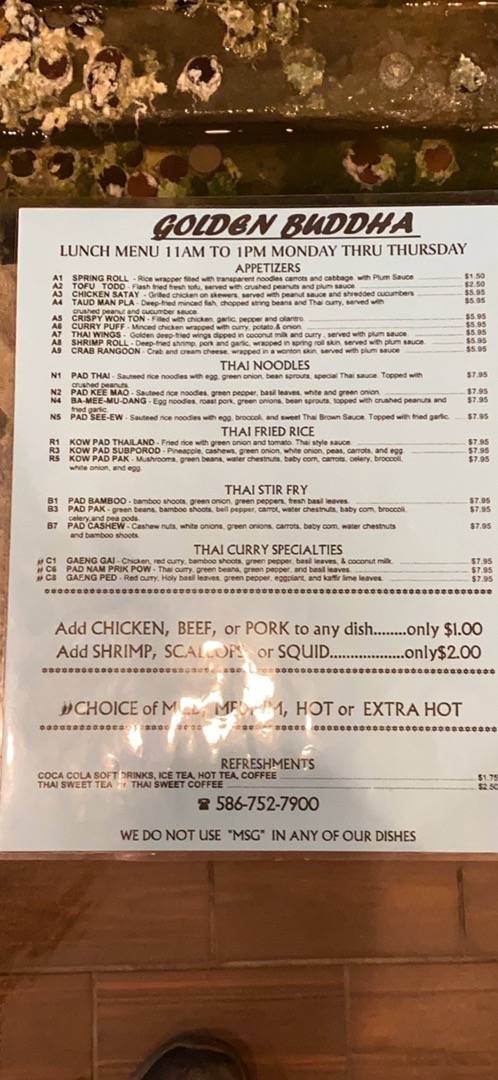 Menu at Golden Buddha Thai Cuisine restaurant, Romeo