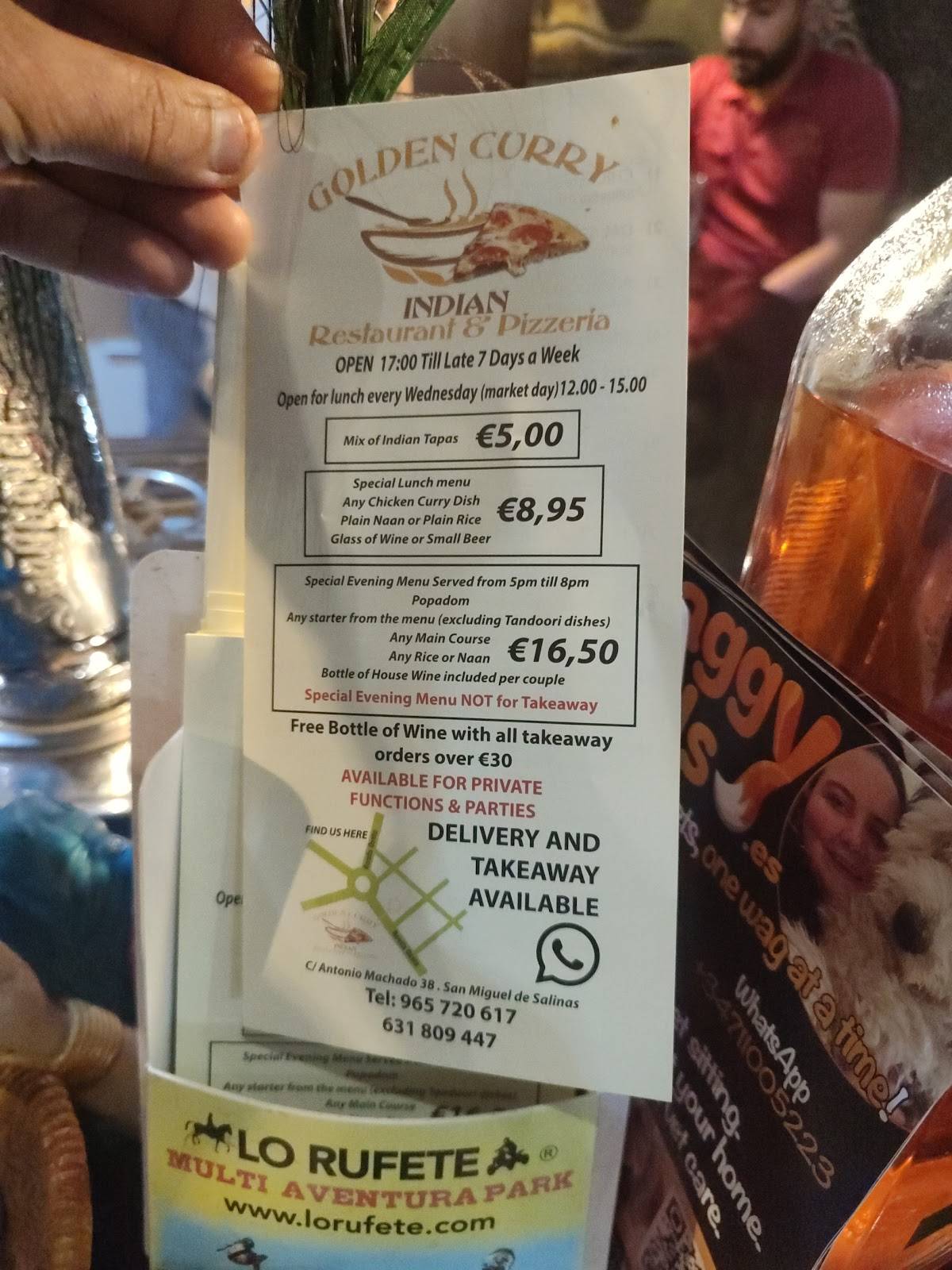 Menu at Golden Curry restaurant, San Miguel de Salinas