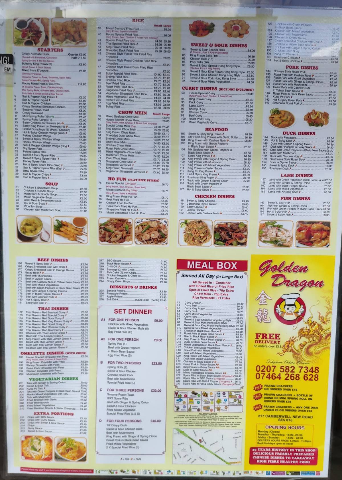 Menu at Golden Dragon fast food, London, 217 Camberwell New Rd