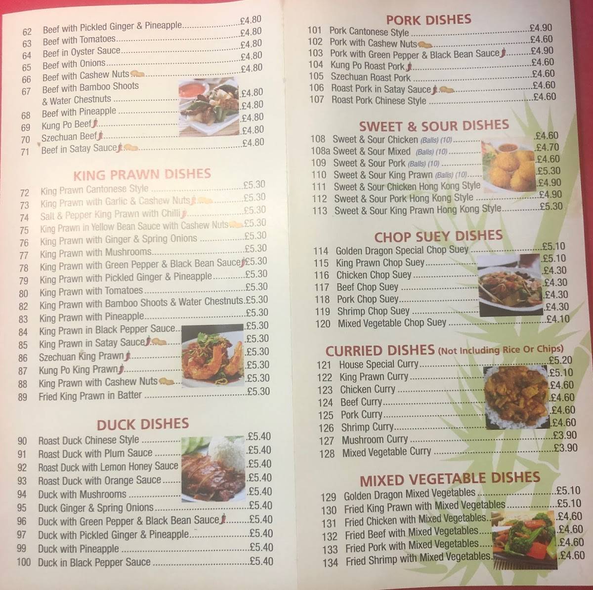 Menu at Golden Dragon fast food, Skegness