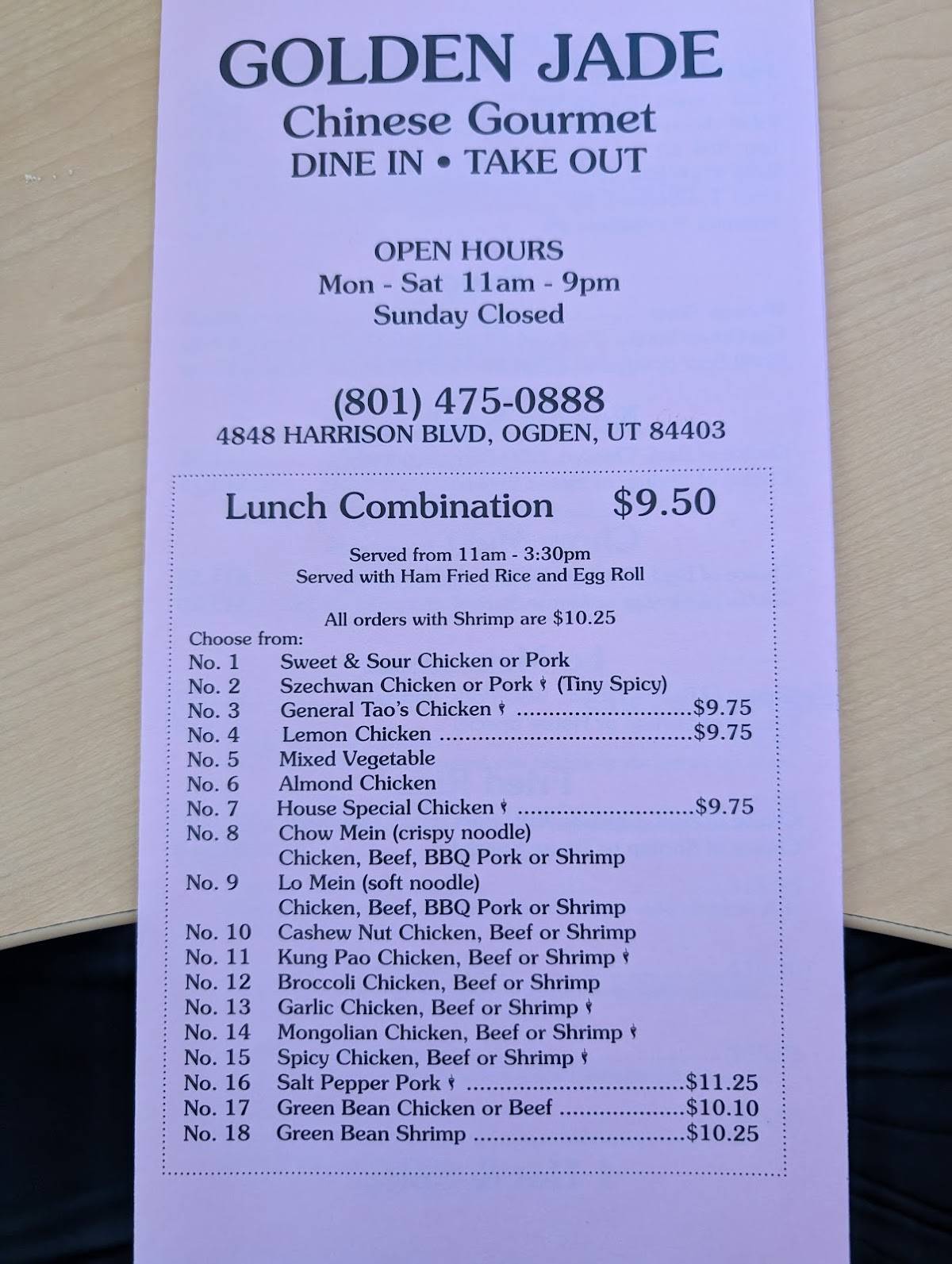 Menu at Golden Jade Restaurant, Ogden