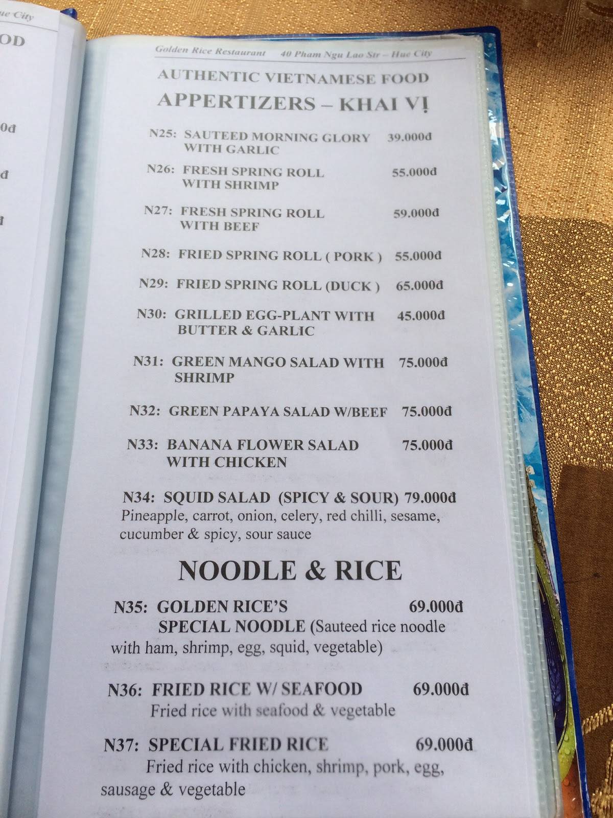 Menu at Golden Rice Restaurant, Hue