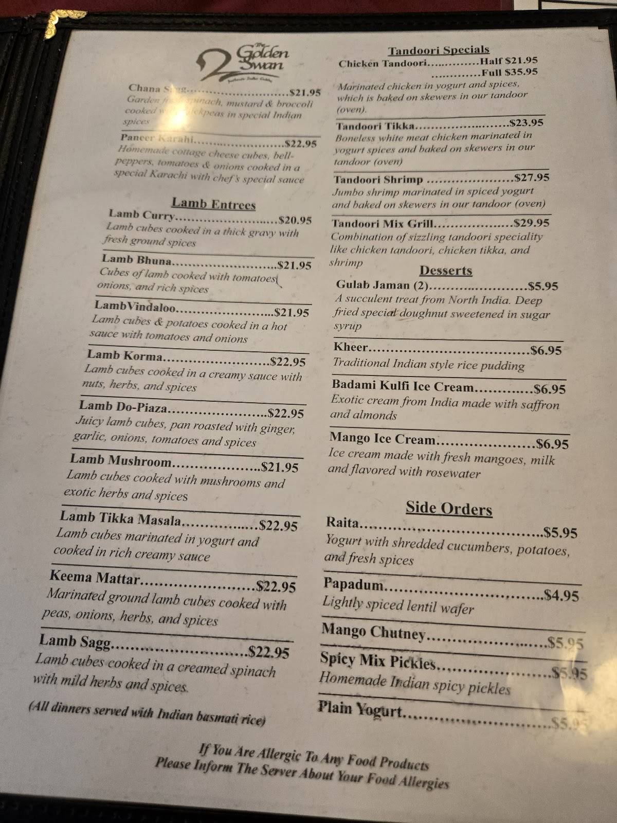 Menu at Golden Swan Indian Cuisine restaurant, Falmouth