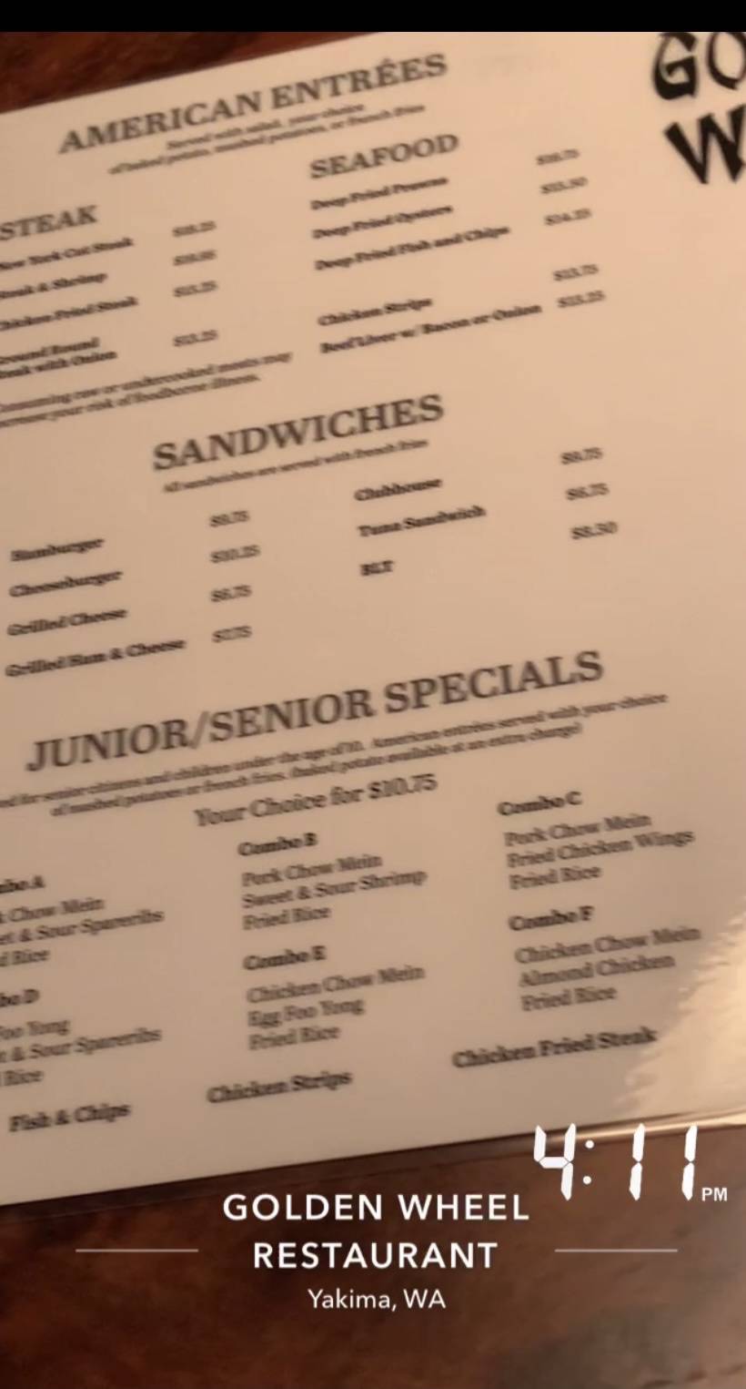 Menu at Golden Wheel Restaurant, Yakima