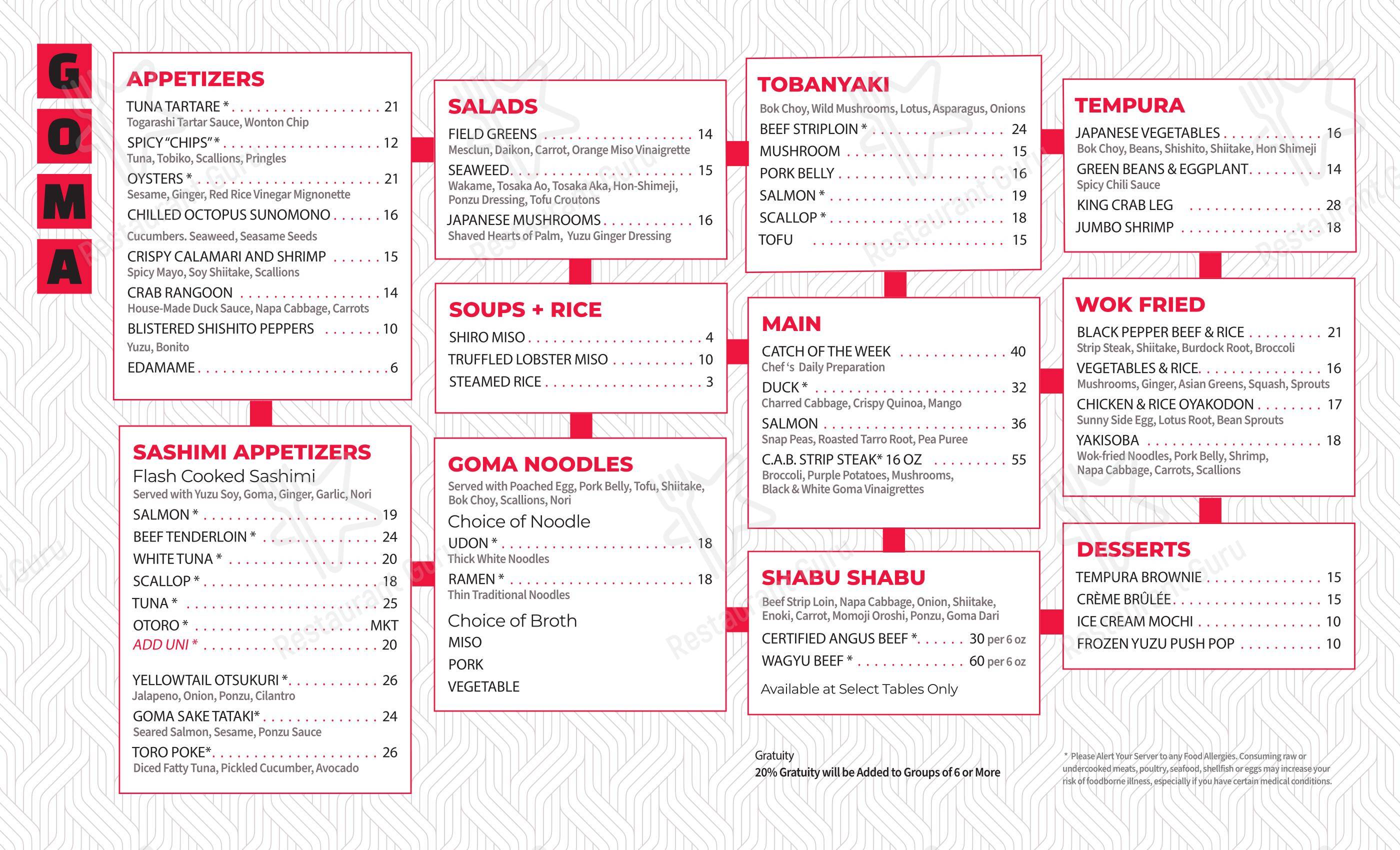 Menu at Goma restaurant, Cleveland