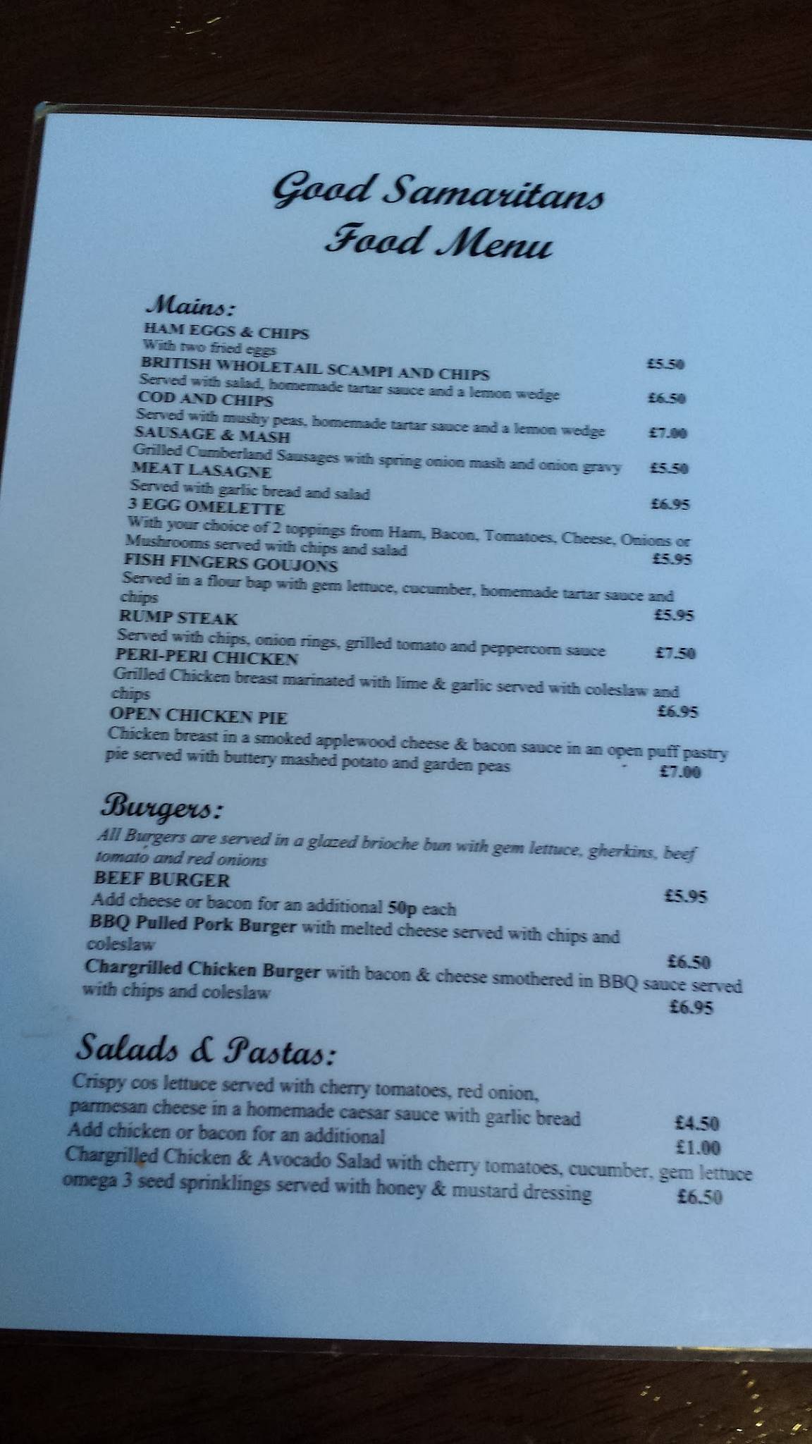 Menu at Good Samaritan pub & bar, London