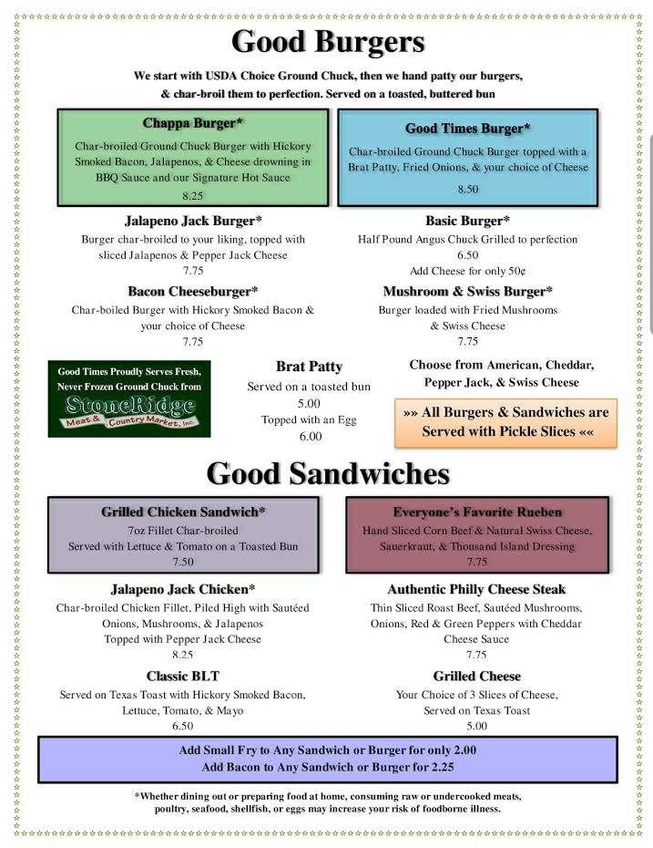 Menu at Good Times Bar & Grill, Redgranite