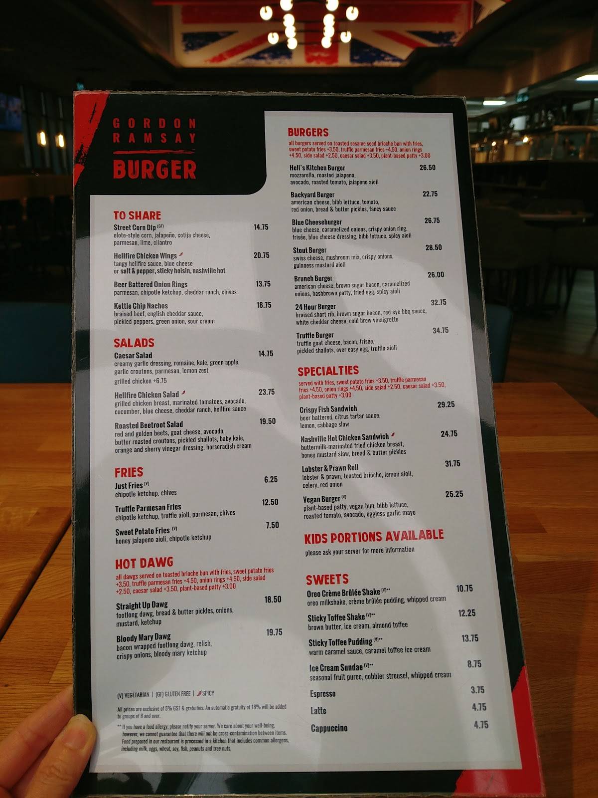 Menu at Gordon Ramsay Burger Vancouver restaurant, Coquitlam
