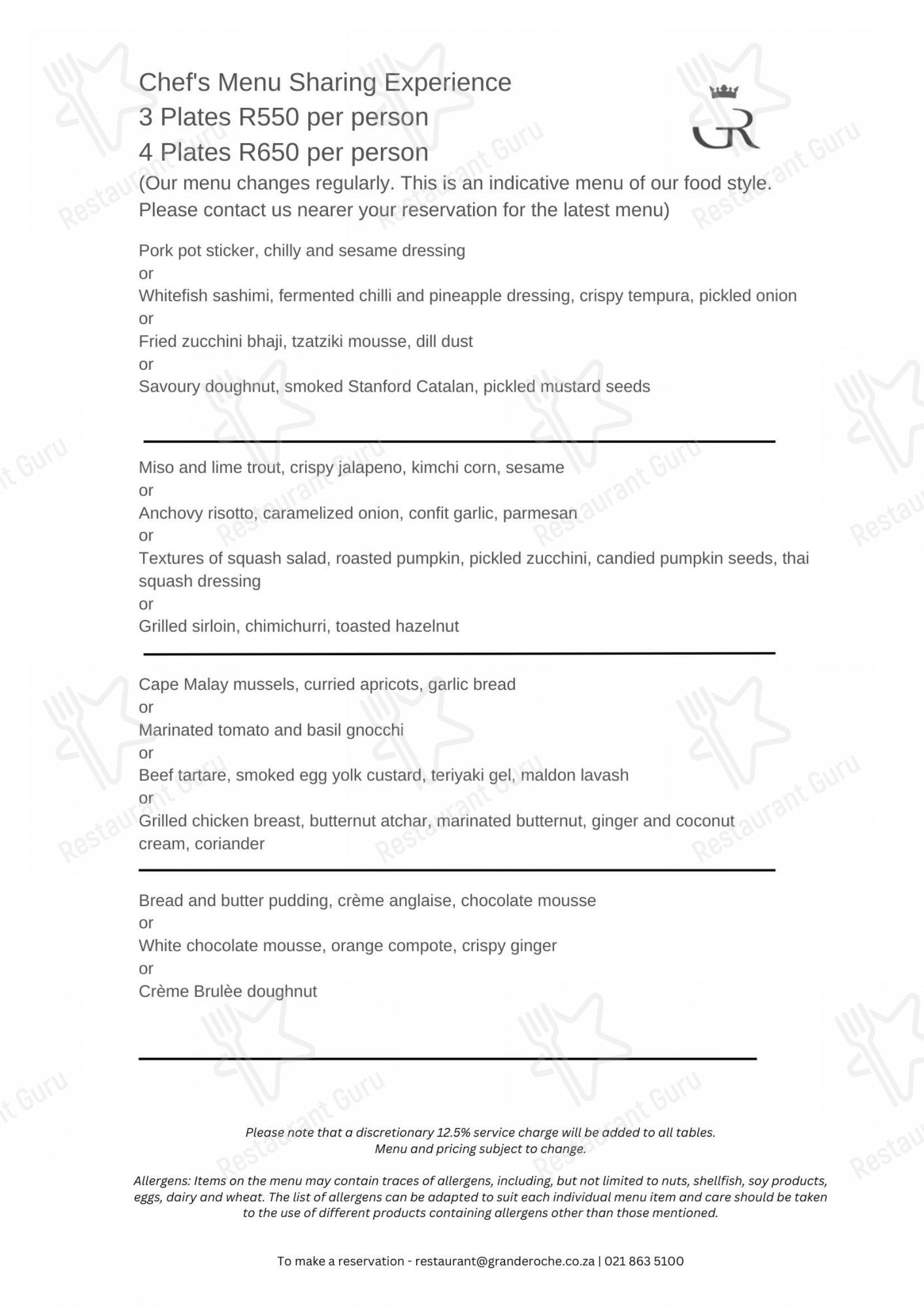 Menu at Grande Roche Restaurant, Paarl