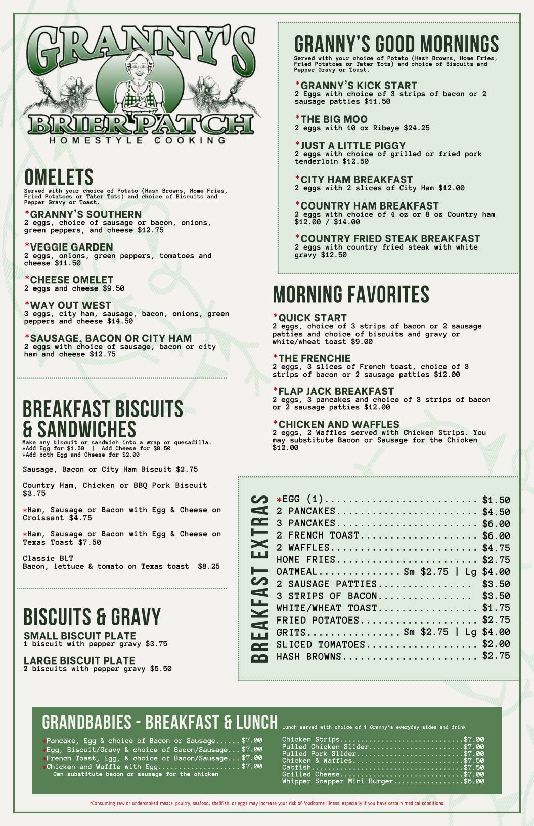 Menu at Granny’s Brier Patch restaurant, Greenbrier
