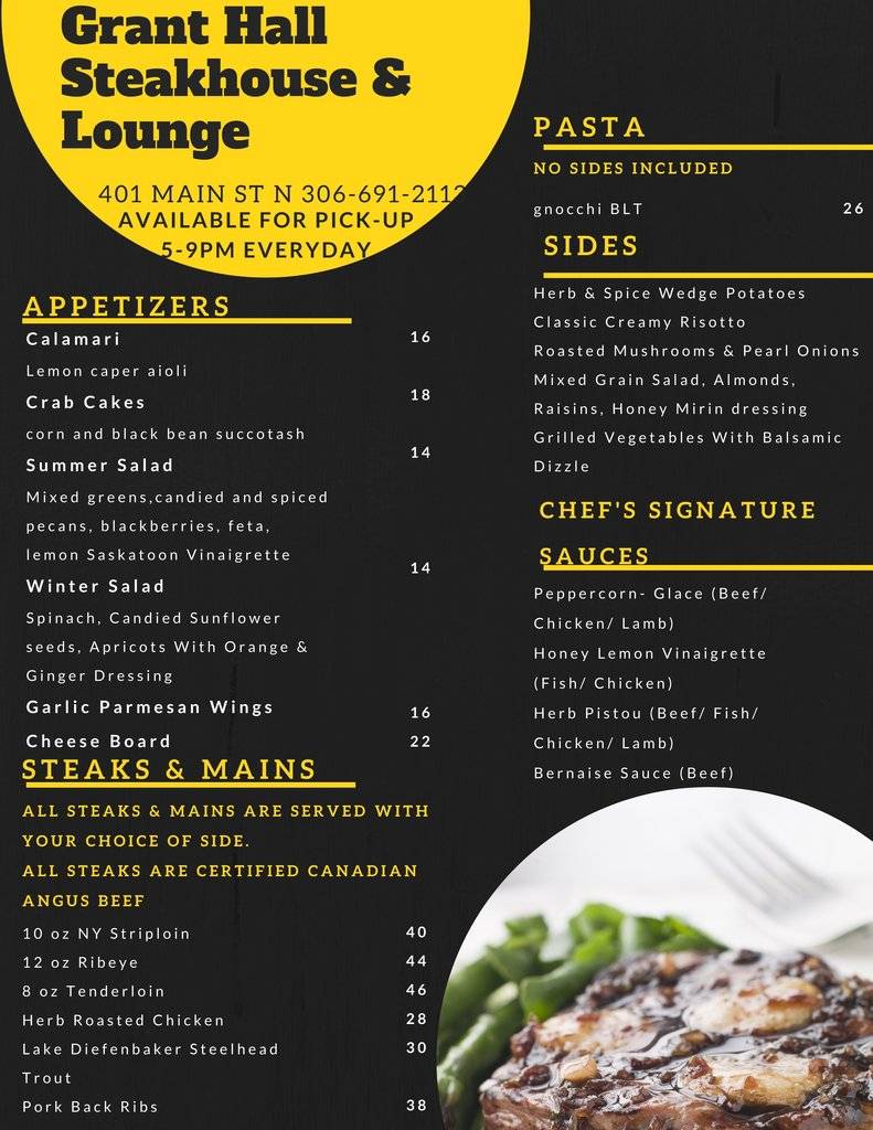 Menu at Grant Hall Dining Room & Lounge restaurant, Moose Jaw