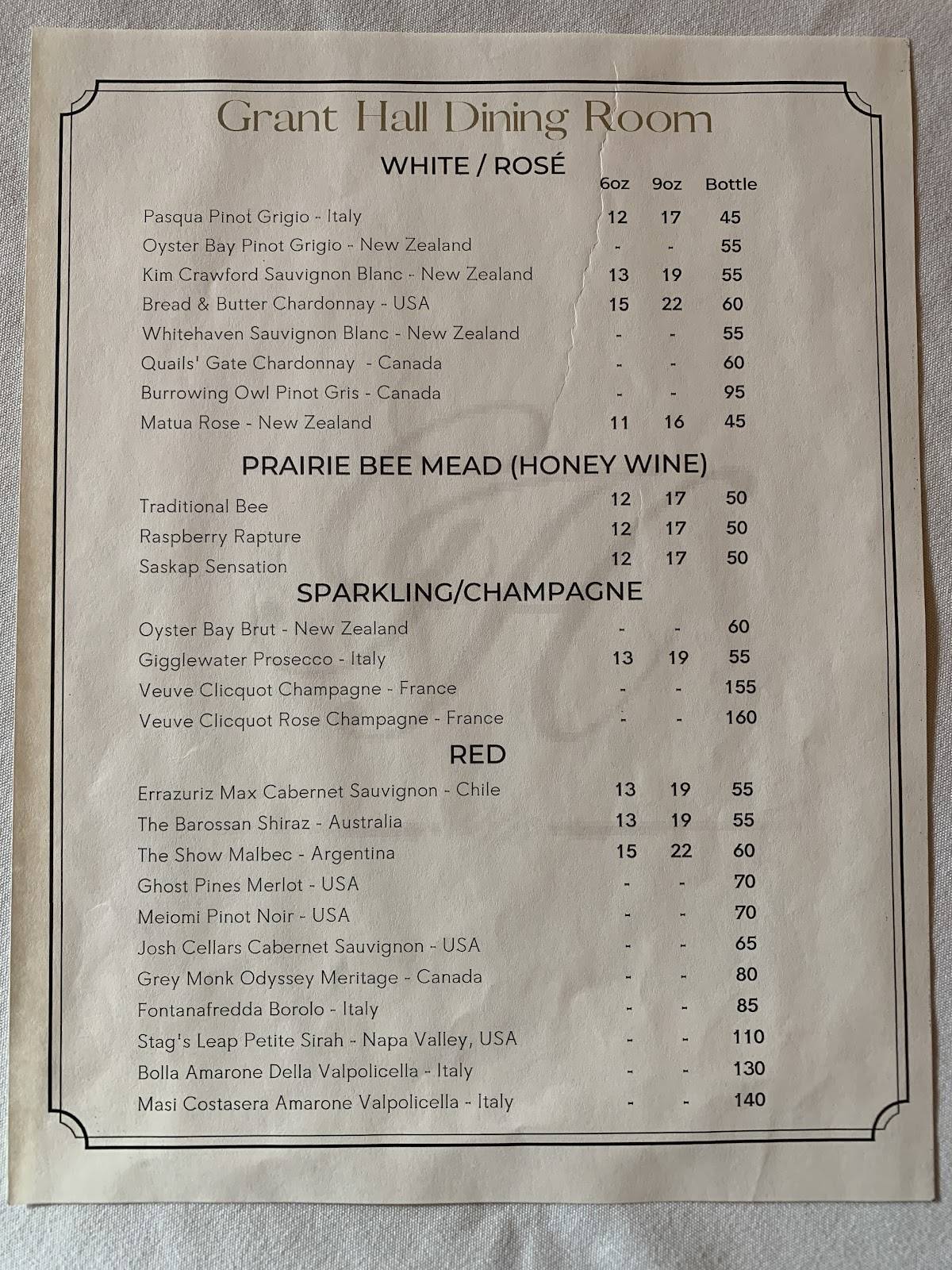 Menu at Grant Hall Dining Room & Lounge restaurant, Moose Jaw