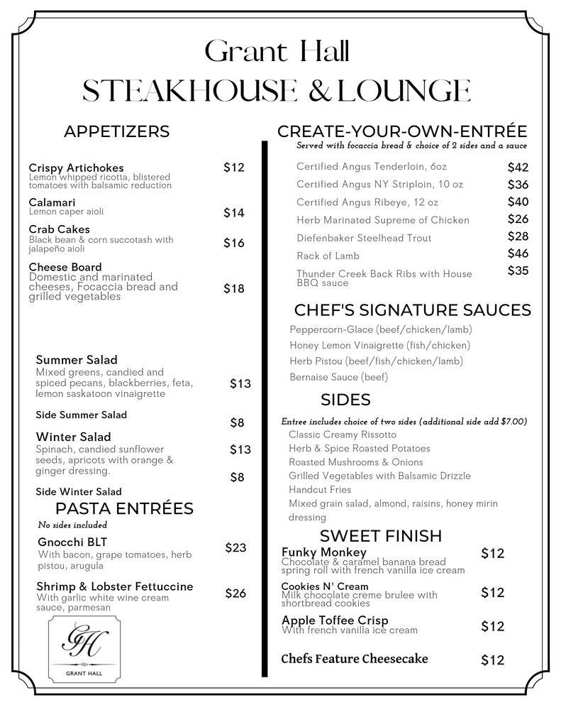 Menu at Grant Hall Dining Room & Lounge restaurant, Moose Jaw