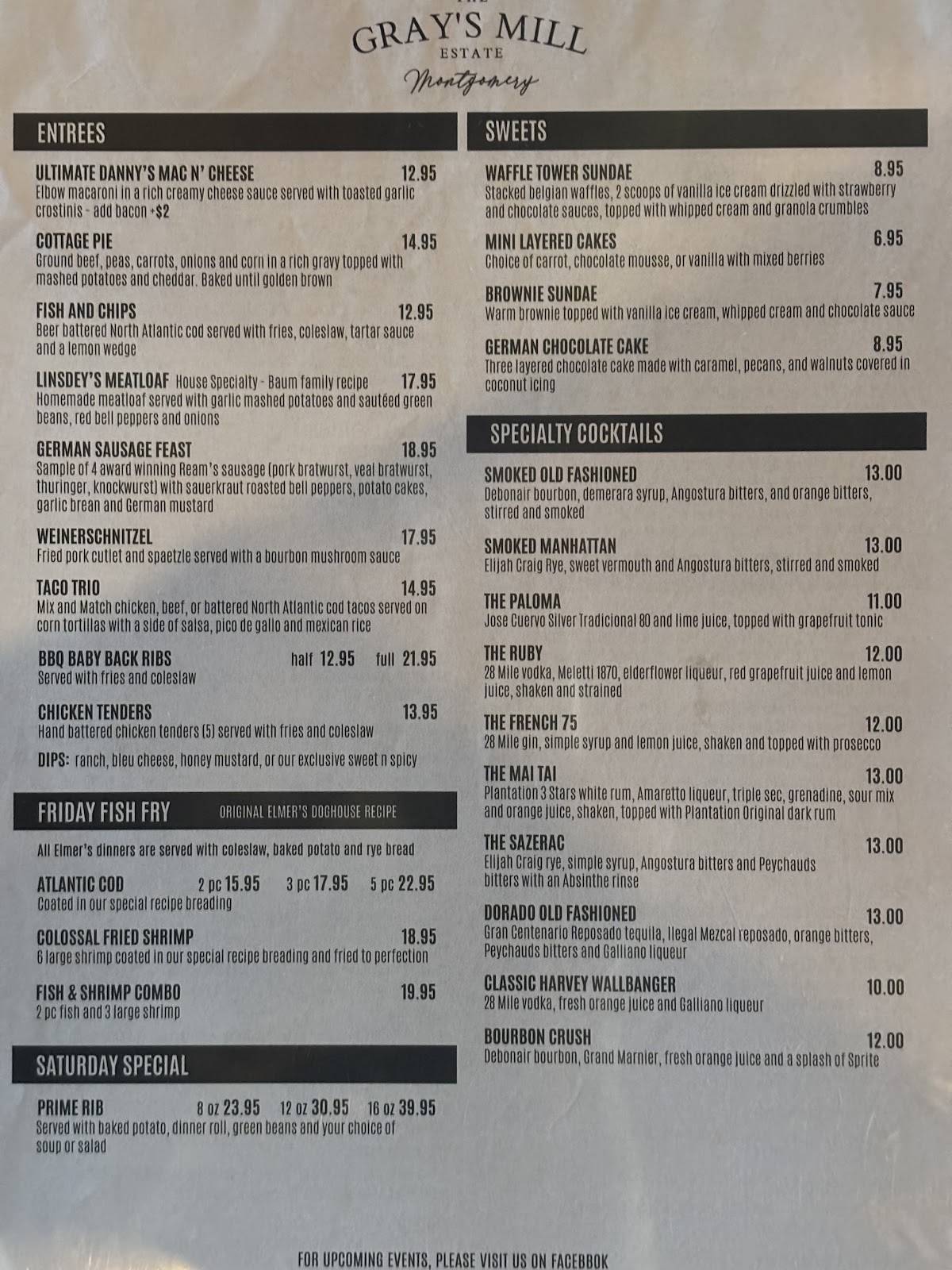 Menu at Gray's Mill Estate restaurant, Montgomery