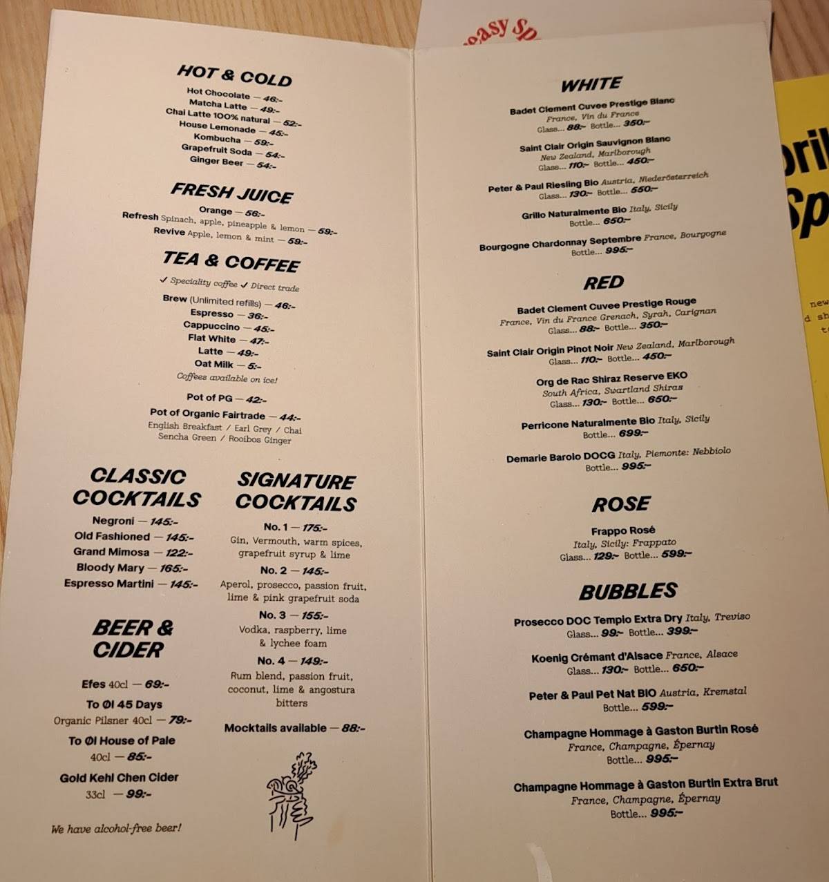 Menu at Greasy Spoon restaurant, Stockholm, @ Playhouse Teater