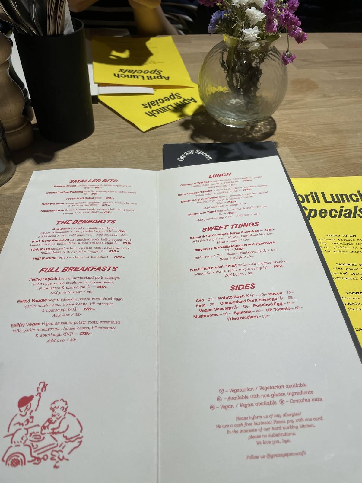 Menu at Greasy Spoon restaurant, Stockholm, @ Playhouse Teater