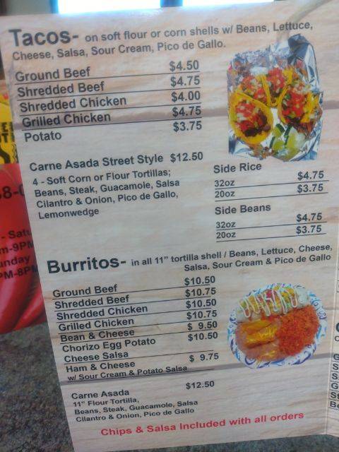 Menu at 9th Street South Taco Shop restaurant, Great Falls