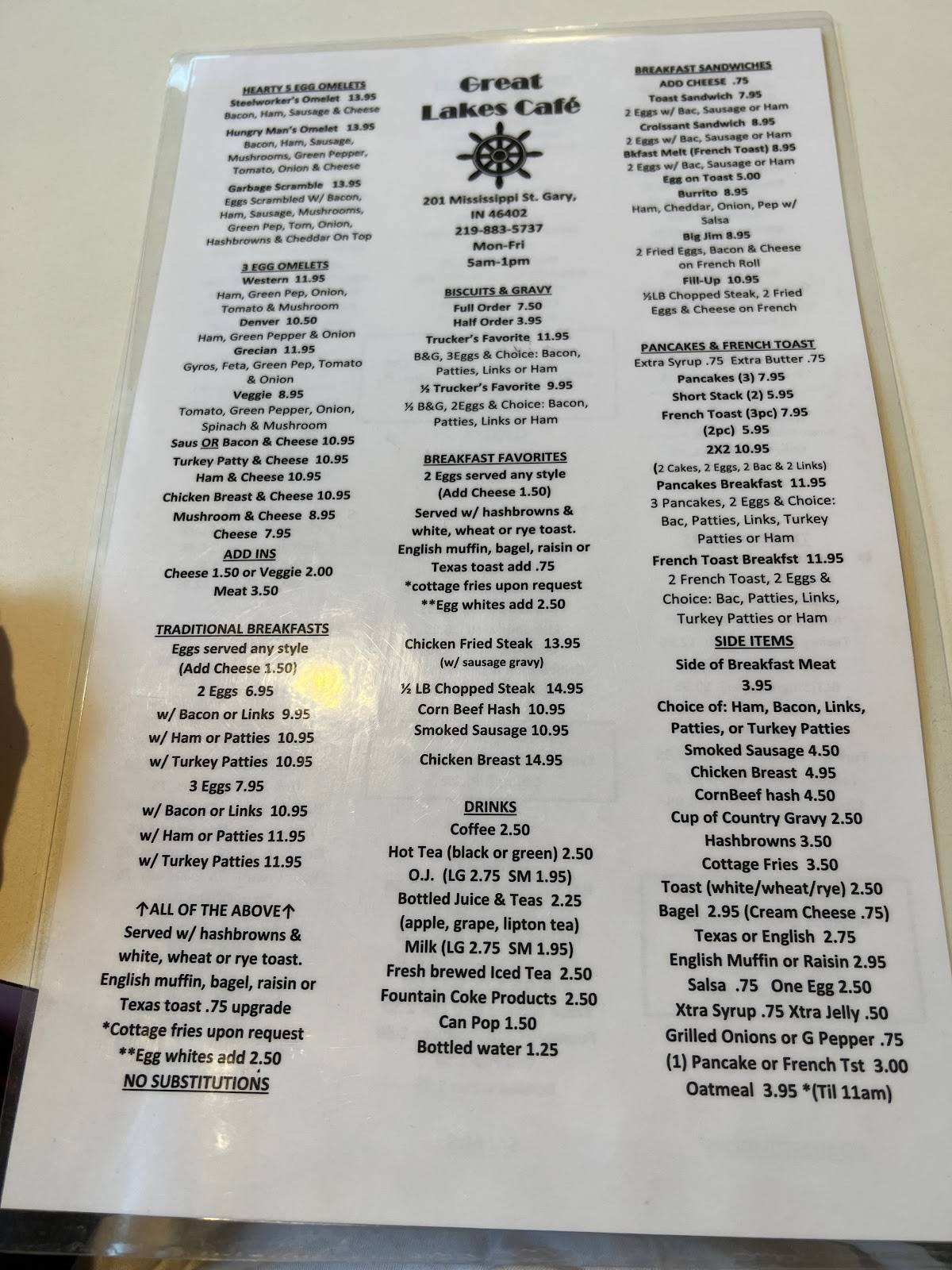Menu at Great Lakes Cafe, Gary