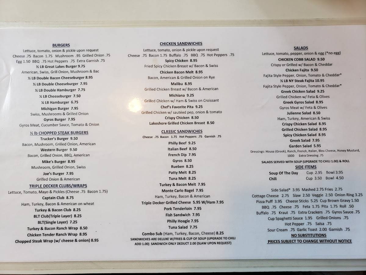 Menu at Great Lakes Cafe, Gary