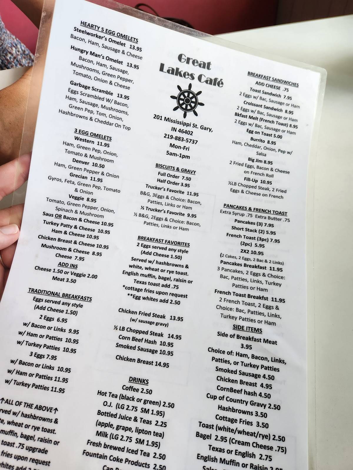 Menu at Great Lakes Cafe, Gary