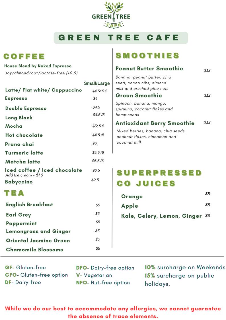 Menu at Green tree cafe, Elsternwick