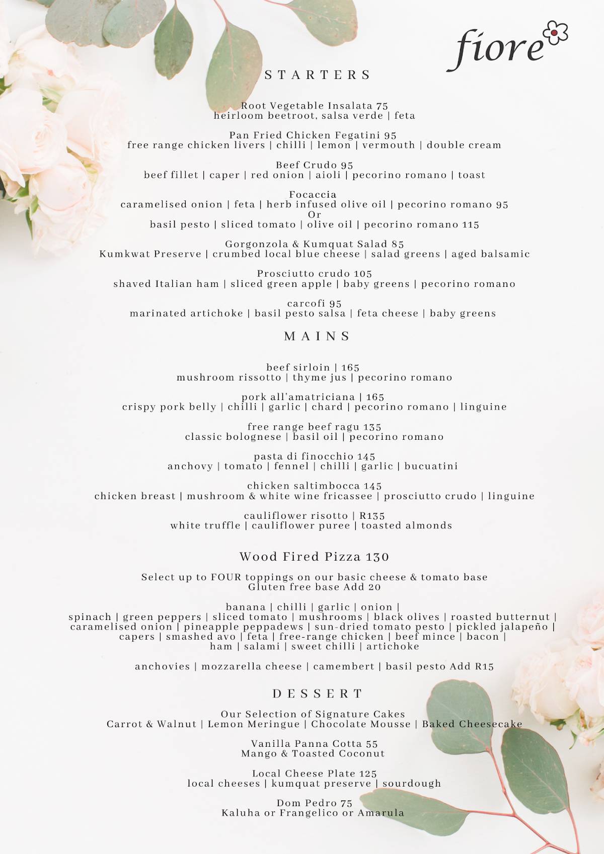 Menu at Fiore Greyton Restaurant and Garden Centre, Greyton