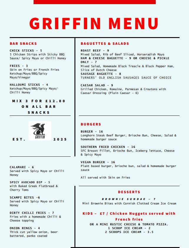 Menu at Griffin Inn pub & bar, Chipping Warden