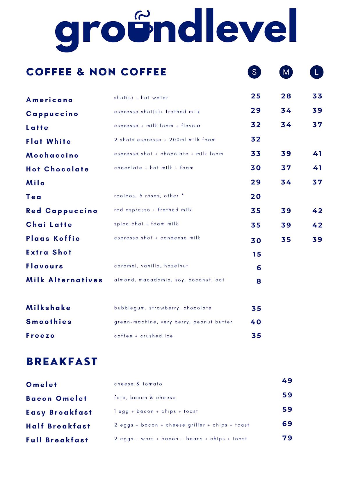 Menu at Ground Level Coffee & Co., Pretoria