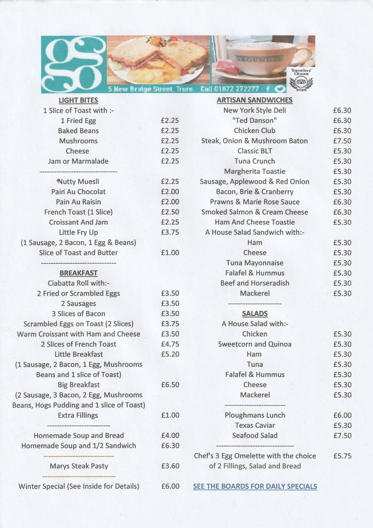 Menu at Grounded cafe, Truro