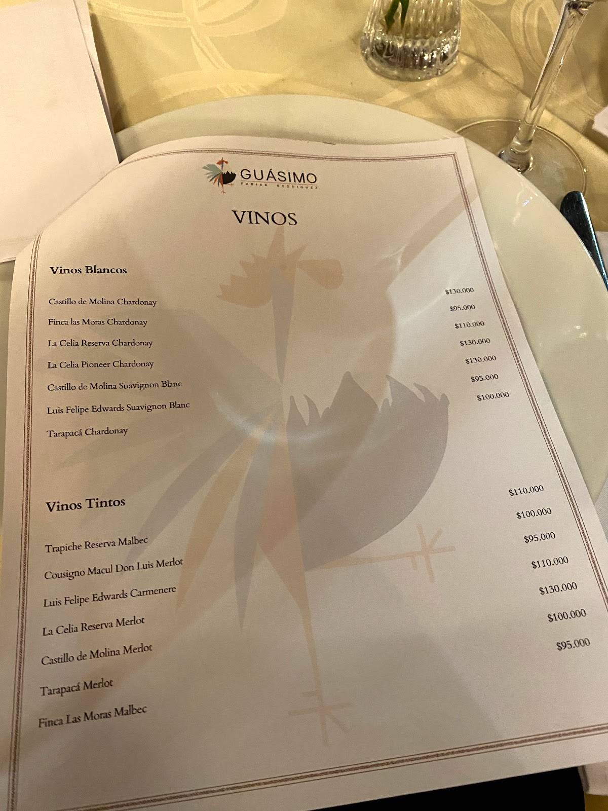 Menu at Guasimo restaurant, Santa Marta