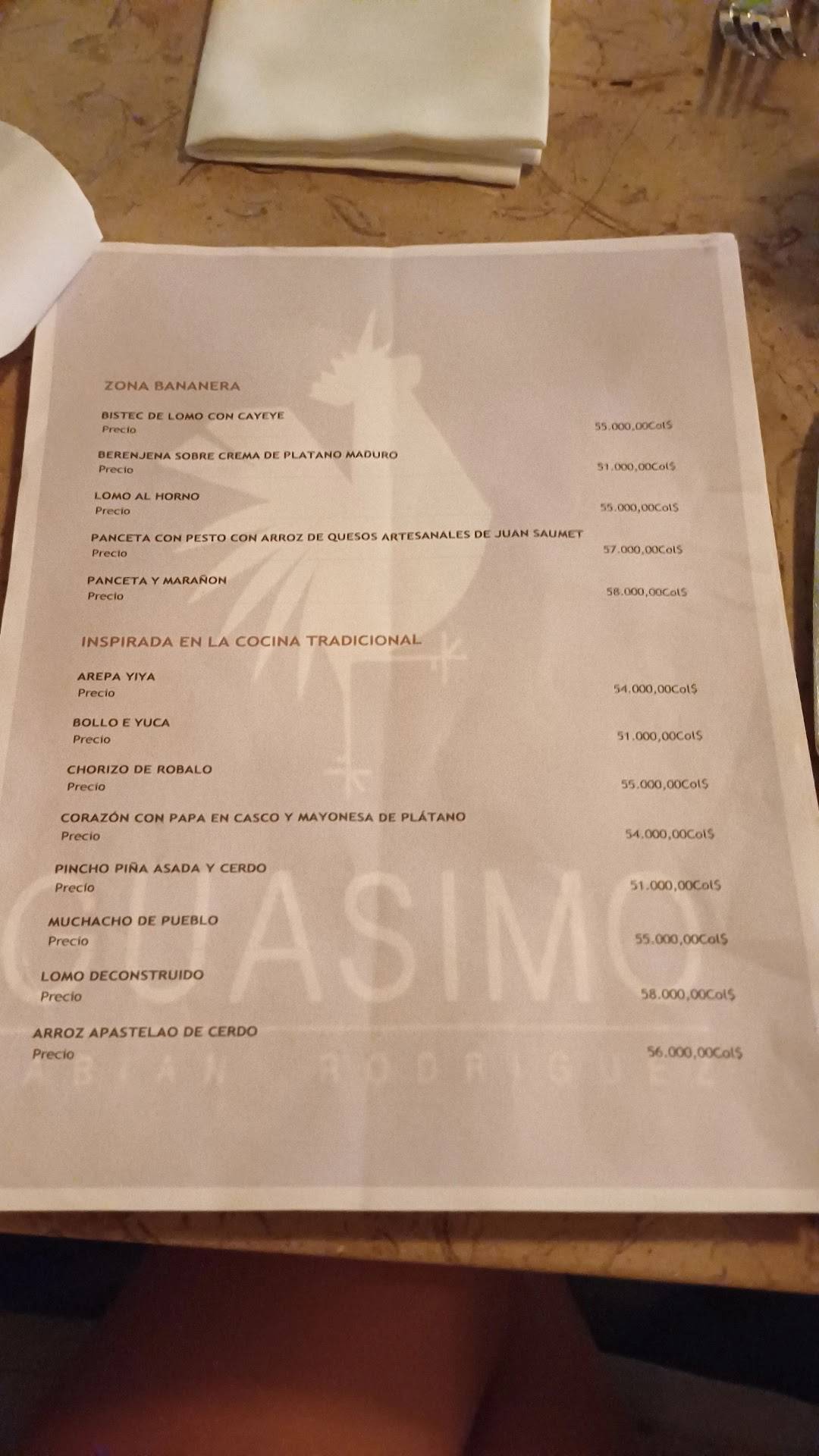 Carta del restaurante Guasimo, Santa Marta