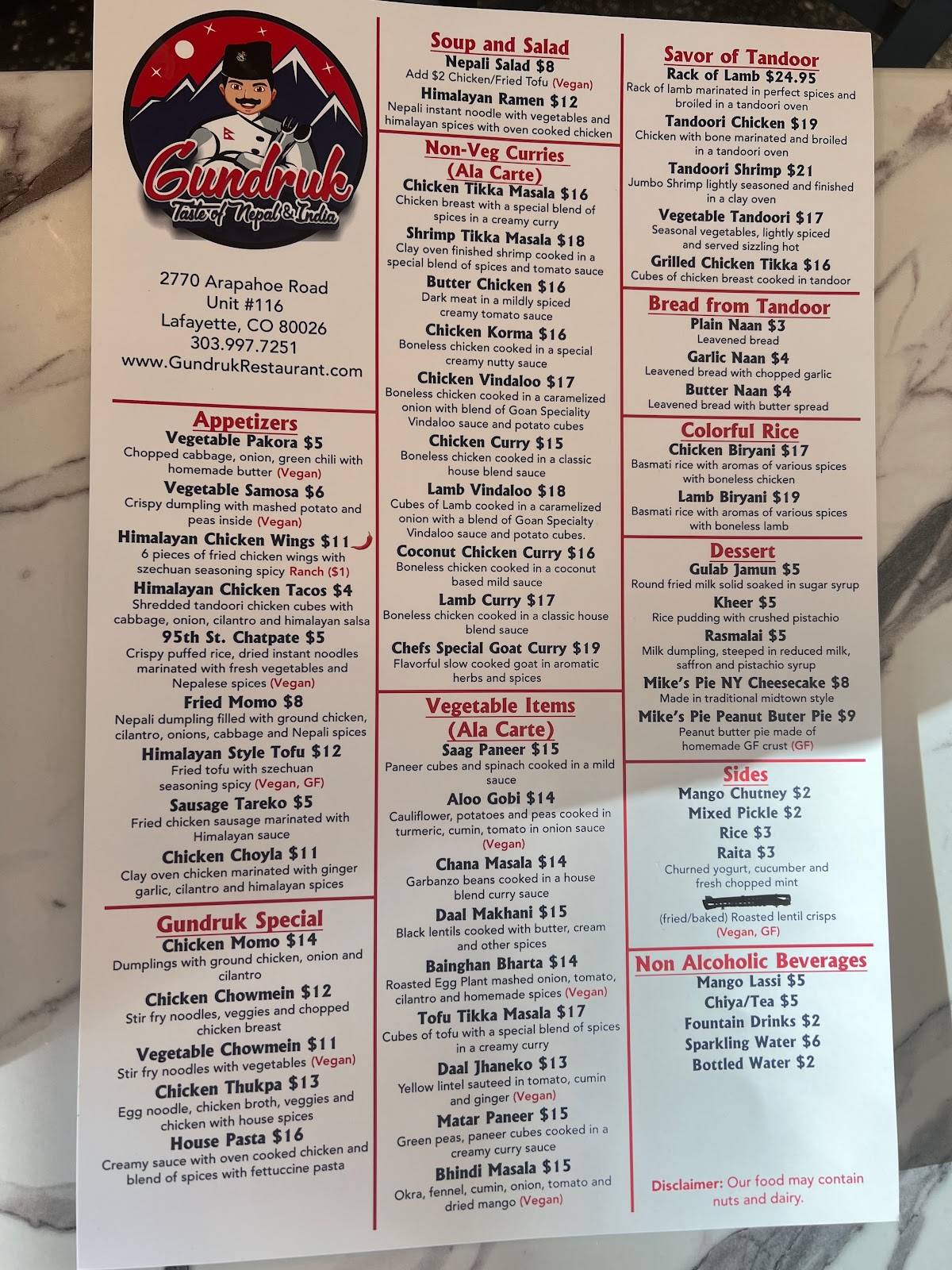 Menu at Gundruk- Taste of Nepal and India restaurant, Lafayette