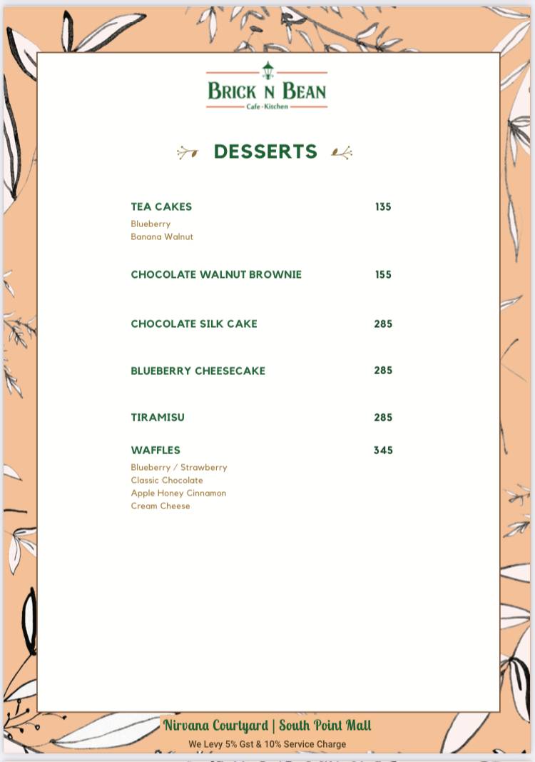 Menu at Brick n Bean Cafe Kitchen, Gurugram, 34-35 Ground Floor