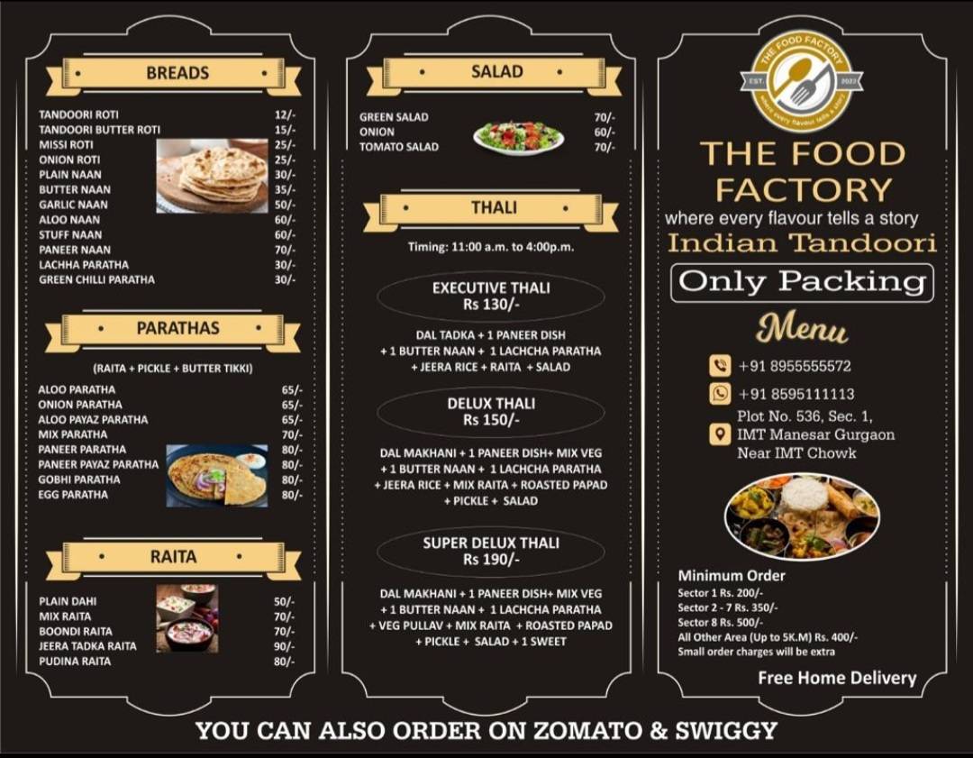 Menu at The Food Factory, Gurugram, Plot no. 536