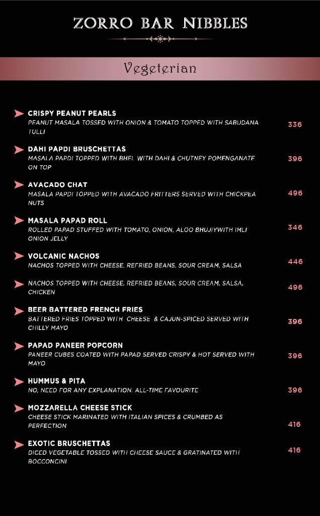 Menu at Zorro, Gurugram