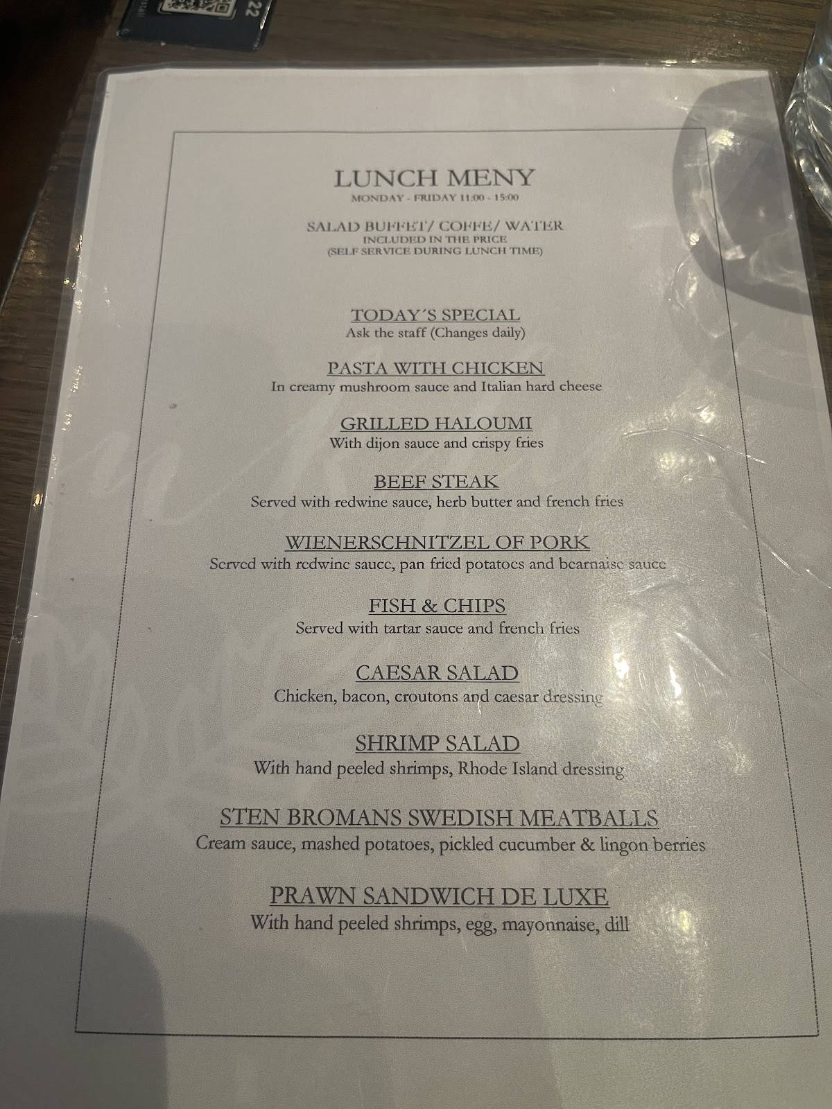 Menu at Gustav Adolf restaurant, Malmö