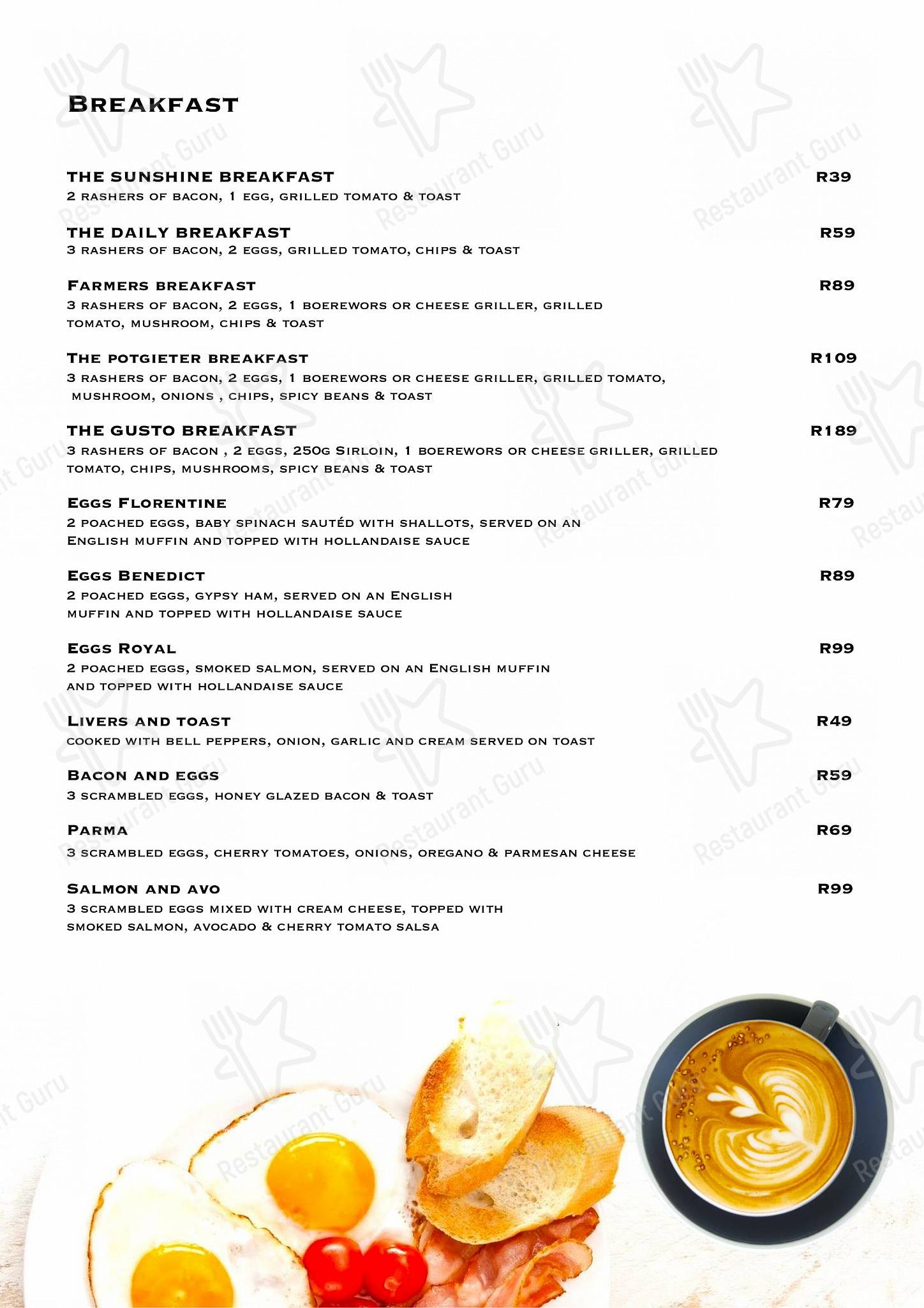 Menu at Gusto Lounge restaurant, Pretoria