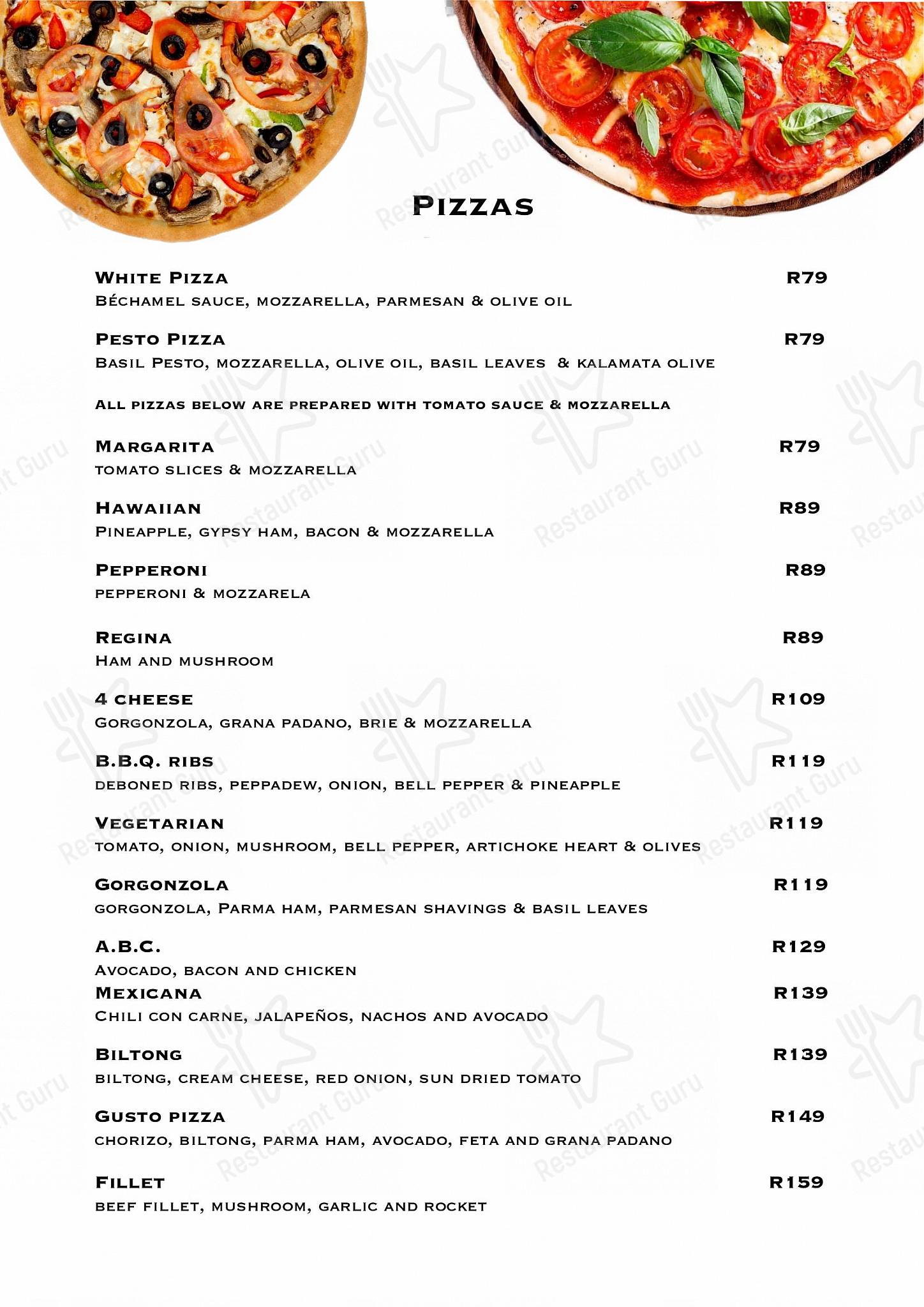 Menu at Gusto Lounge restaurant, Pretoria
