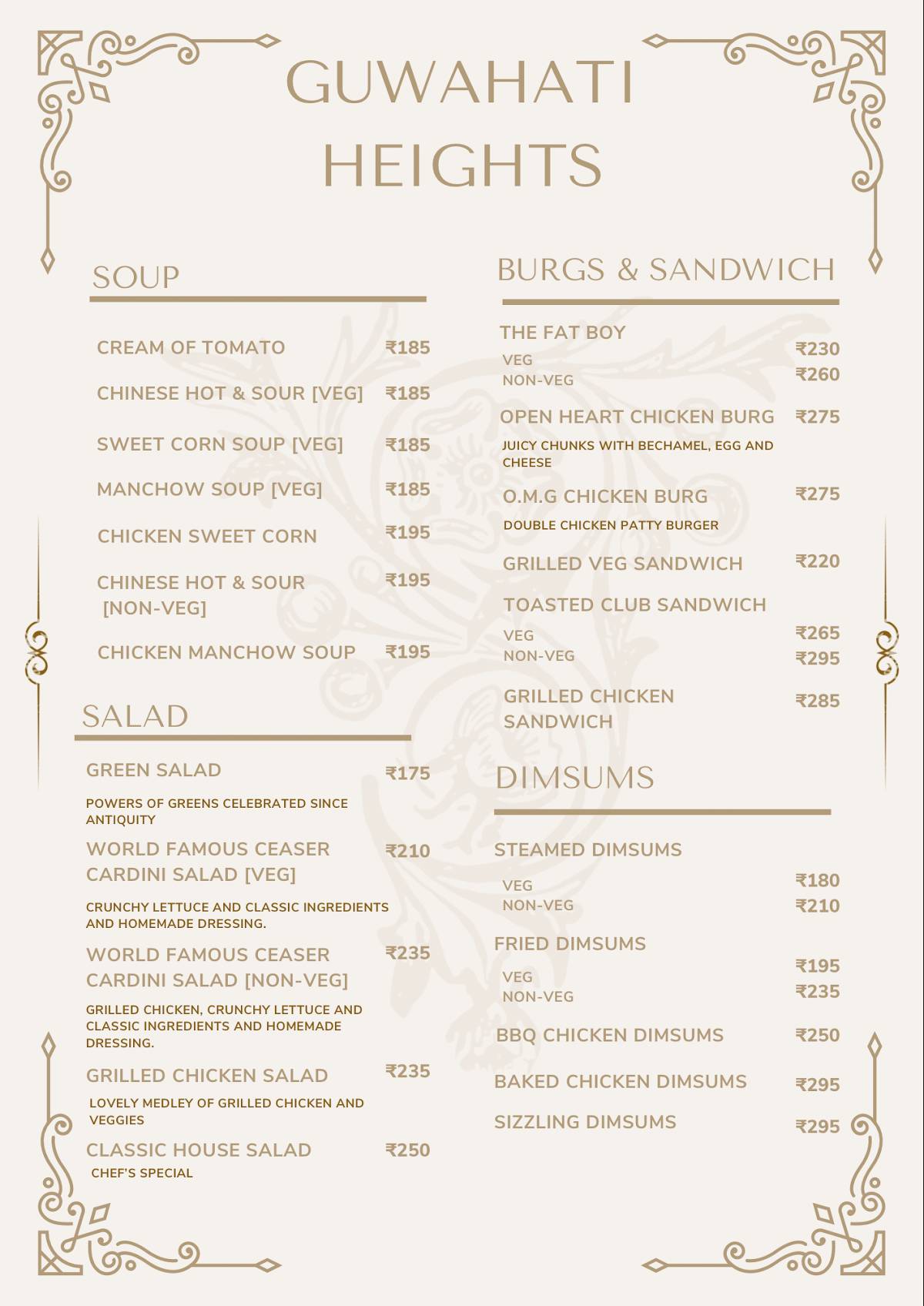 Menu at Guwahati Heights, Guwahati
