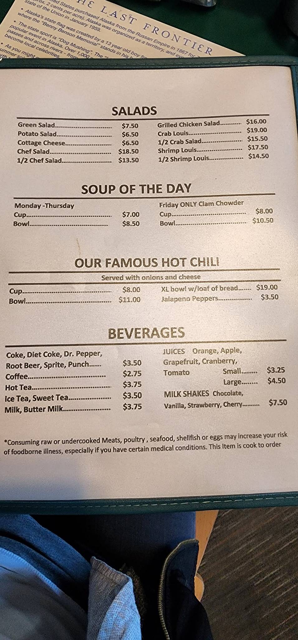 Menu at Gwennie's Old Alaska Restaurant, Anchorage