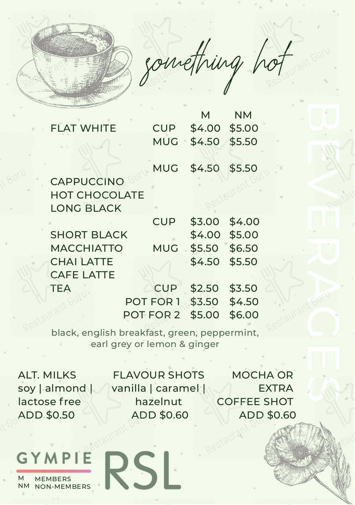 Menu at Gympie RSL Club, Gympie