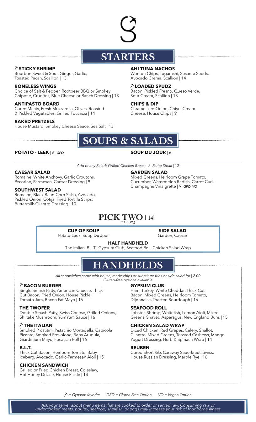 Menu at Gypsum Grill and Event Center restaurant, Grand Rapids
